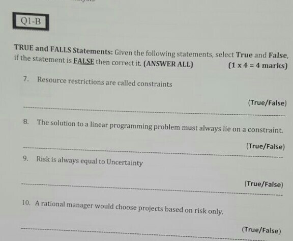 Solved TRUE and FAILS Statements: Given the following | Chegg.com