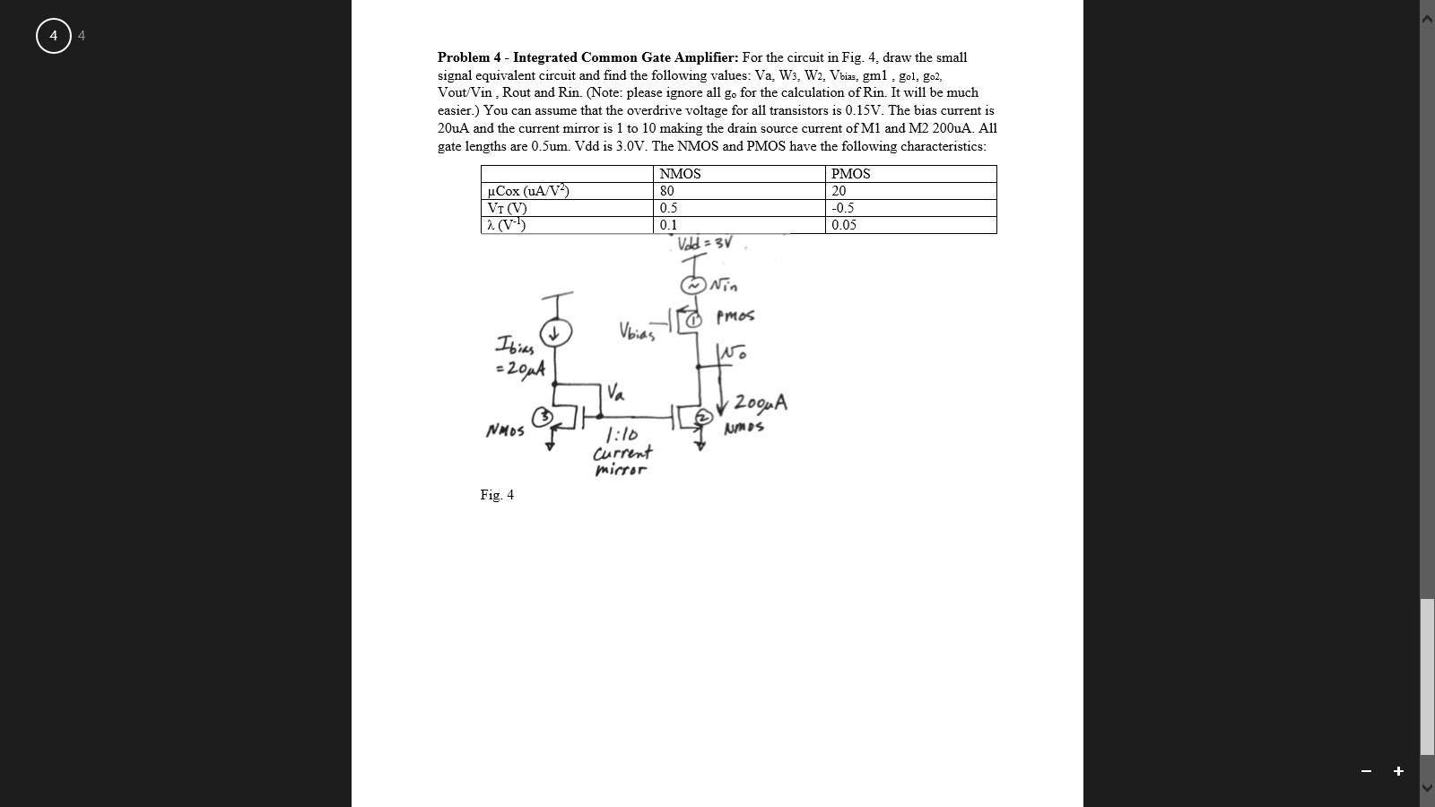 Solved Integrated Common Gate Amplifier: For the circuit in | Chegg.com