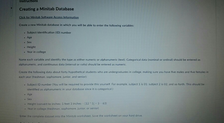 Solved Instructions Creating A Minitab Database Click For 0357