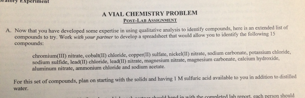 atory Experiment A VIAL CHEMISTRY PROBLEM POST-LAB | Chegg.com