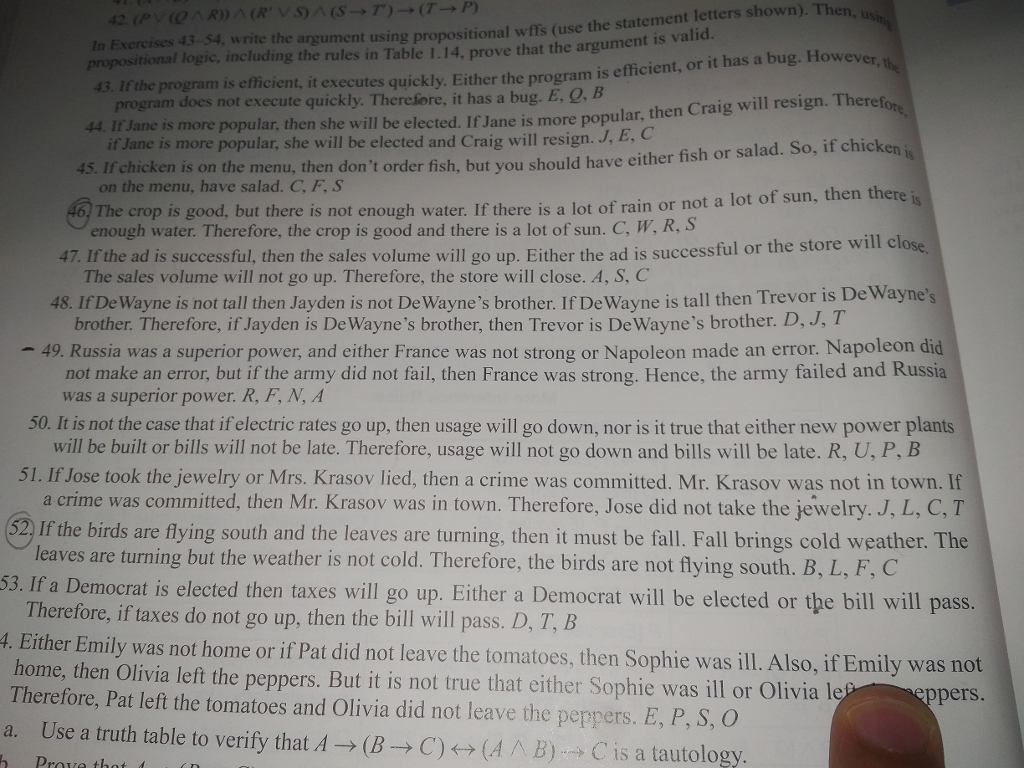 Solved Write The Argument Using Prepositional Wffs Use The