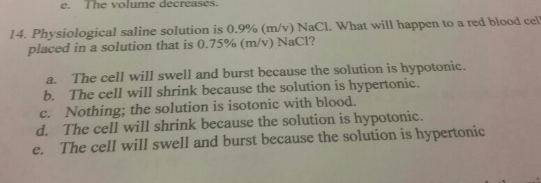 Solved Physiological saline solution is 0.9% (m/v) NaCl. | Chegg.com