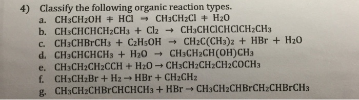 Solved Classify the following organic reaction types. | Chegg.com