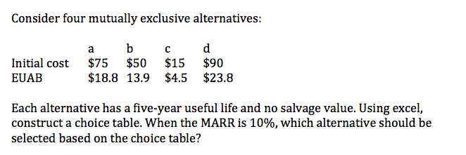 Solved Consider four mutually exclusive alternatives: Each | Chegg.com