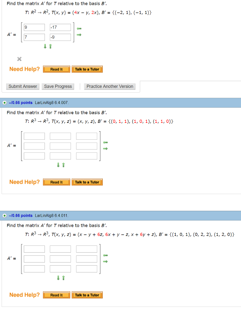 Solved Find the matrix A' for T relative to the basis B' 7: | Chegg.com