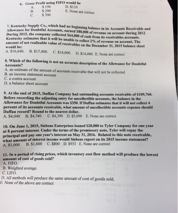 Solved 6. Gross Profit using FIFO would be A. 190 B. $290 C. | Chegg.com