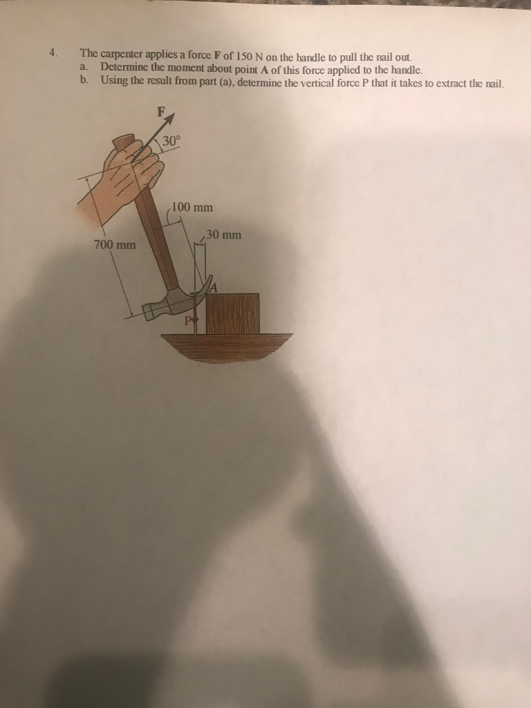Solved 4. The carpenter applies a force F of 150 N on the | Chegg.com