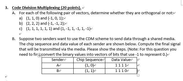 Solved Code Division Multiplexing (20 points). A. 3. For | Chegg.com