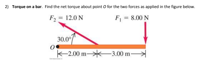 Solved 2) Torque on a bar. Find the net torque about point O | Chegg.com