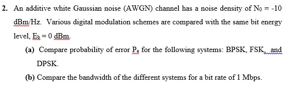 Solved An additive white Gaussian noise (AWGN) channel has a | Chegg.com