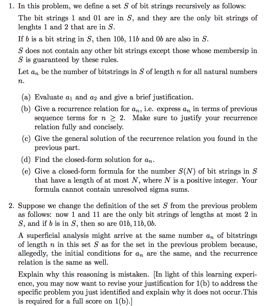 Solved 1 In This Problem We Define A Set S Of Bit Strings