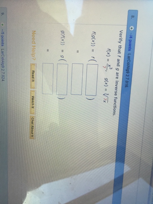 Solved Verify that f and g are inverse functions. f(x) = | Chegg.com