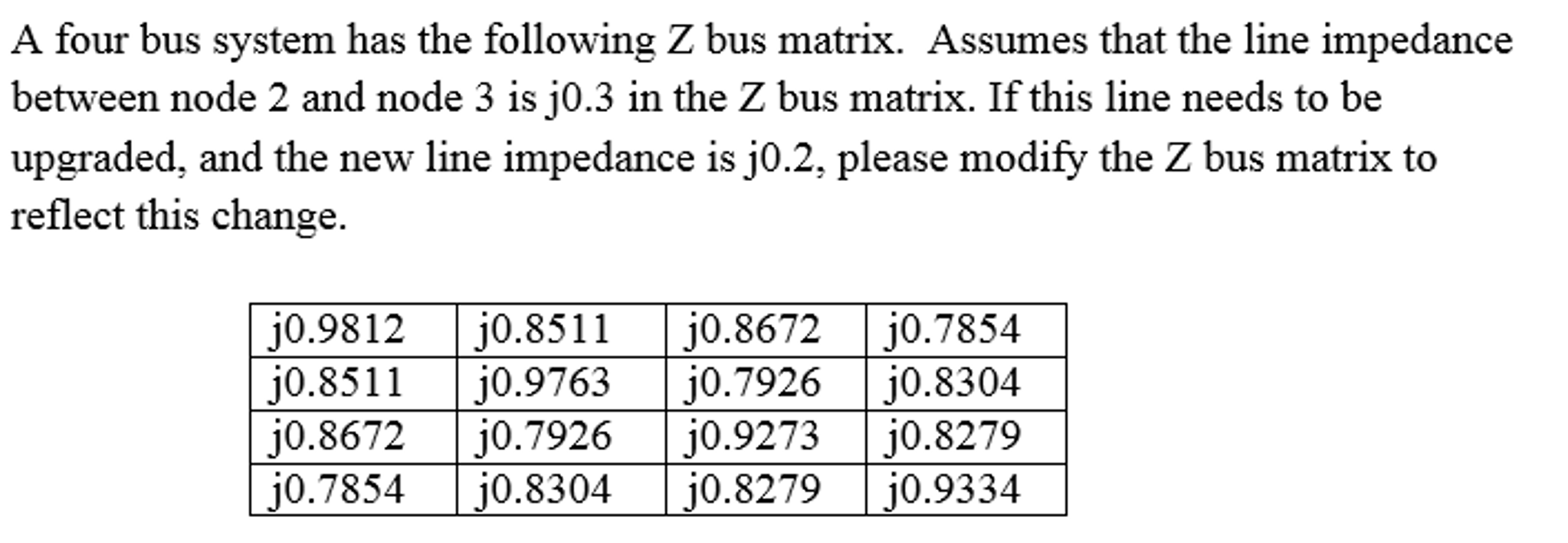 A four bus system has the following Z bus matrix. | Chegg.com