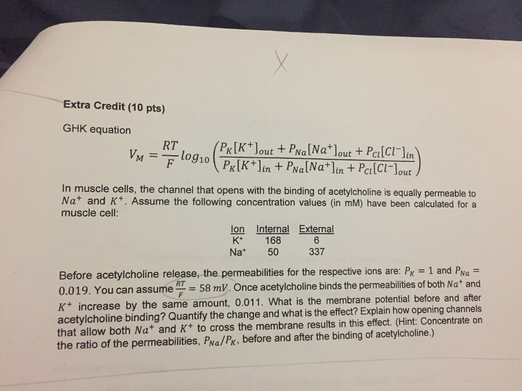 GHK equation V_M = RT/F log_10 (P_K[K^+]_out + | Chegg.com