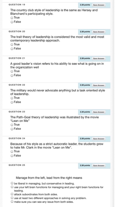 Solved The country club style of leadership is the same as | Chegg.com