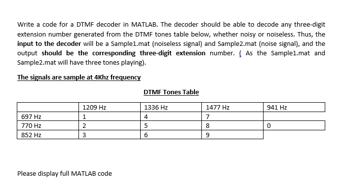 Write A Code For A Dtmf Decoder In Matlab The