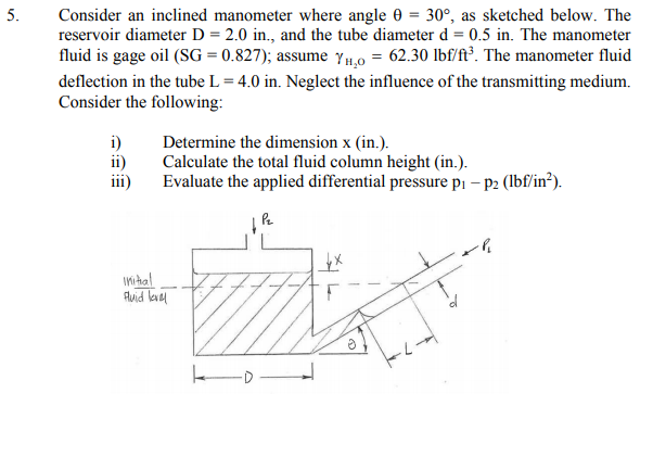 Solved 5 Consider an inclined manometer where angle - 30°, | Chegg.com