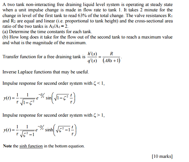 A two tank non-interacting free draining liquid level | Chegg.com