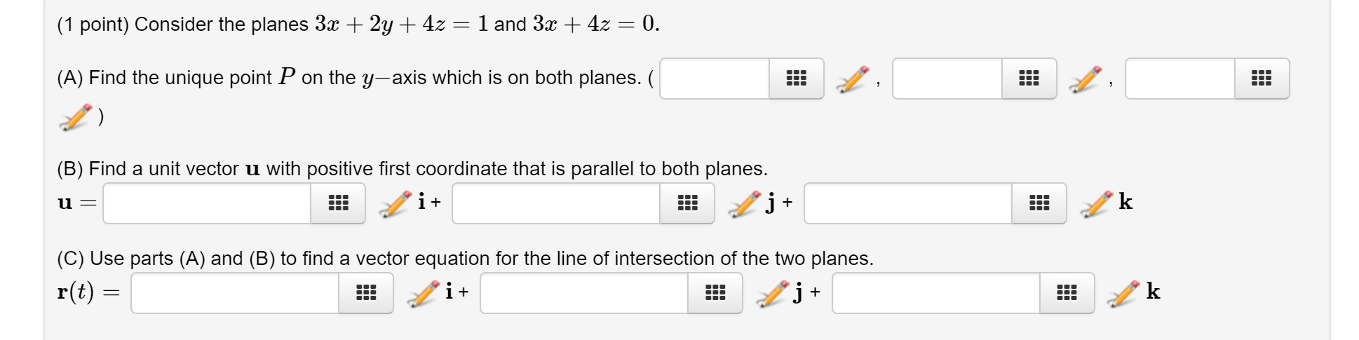 Solved Consider the planes 3x + 2y + 4z = 1 and 3x + 4z = 0. | Chegg.com