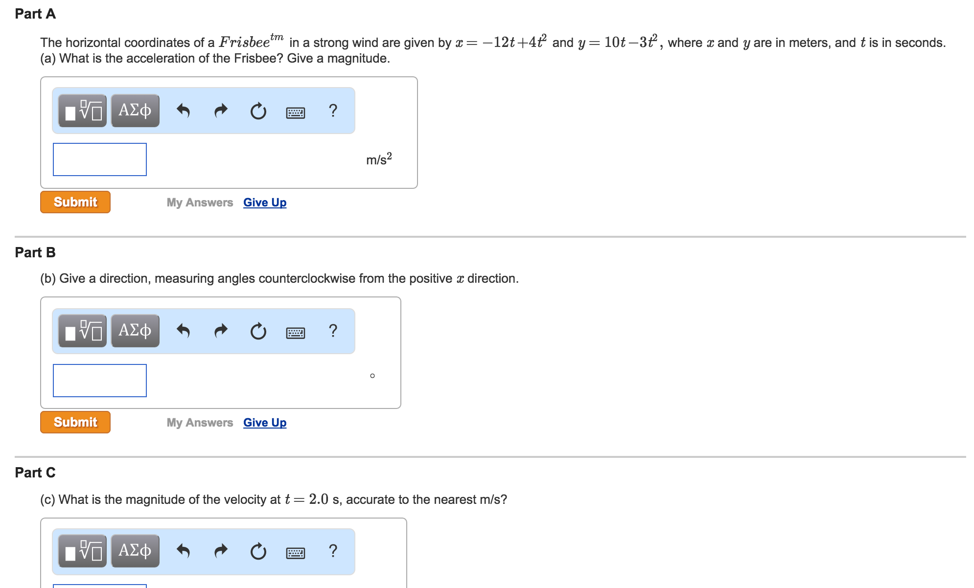 Solved The horizontal coordinates of a Frisbee^tm in a | Chegg.com