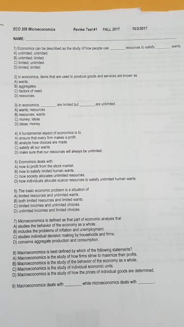 Solved ECO 208 Microeconomics Review Test #1 FALL 2017 | Chegg.com
