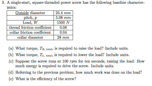 Solved A single-start, square-threaded power screw has the | Chegg.com