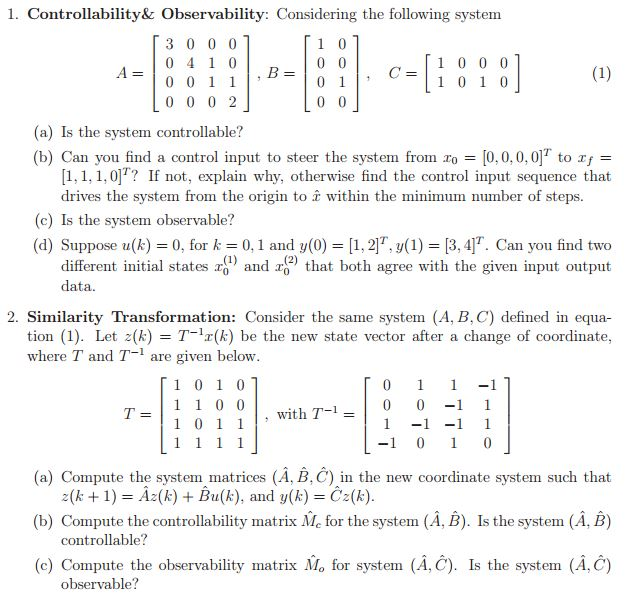 Controllability& Observability: Considering the | Chegg.com