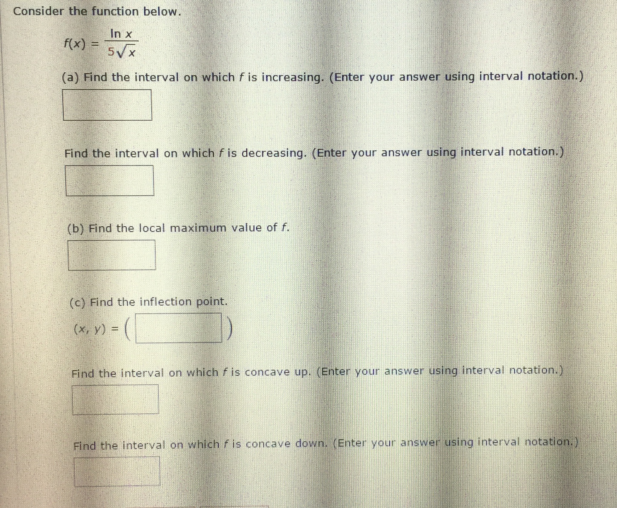 Solved Consider the function below. f(x) = ln x / 5 square | Chegg.com