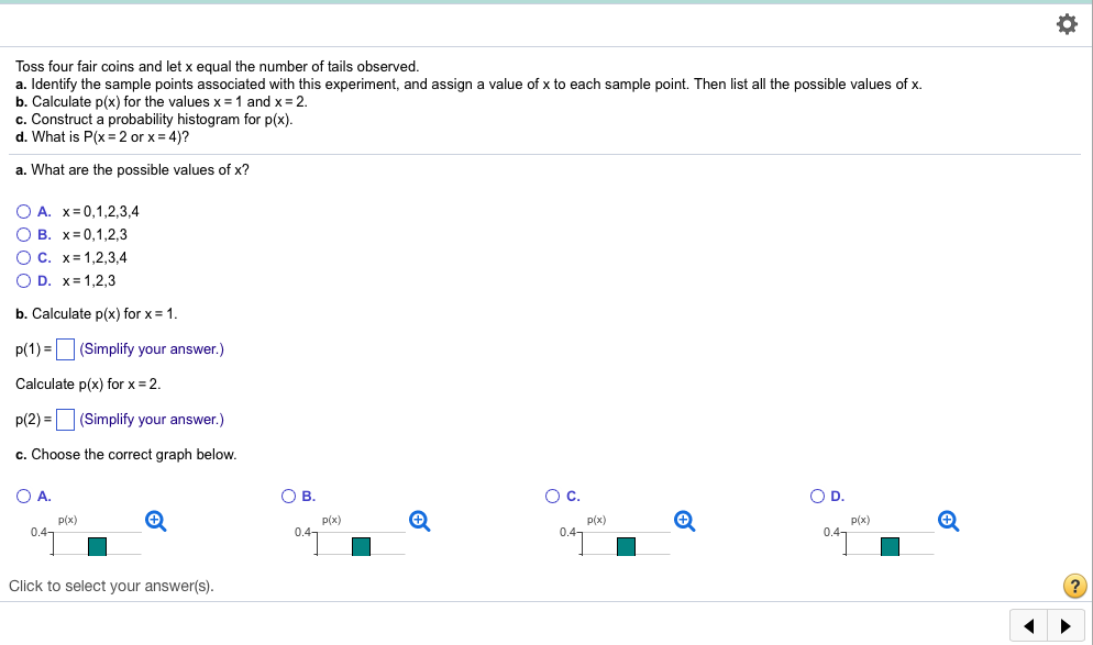 Solved Toss four fair coins and let x equal the number of | Chegg.com