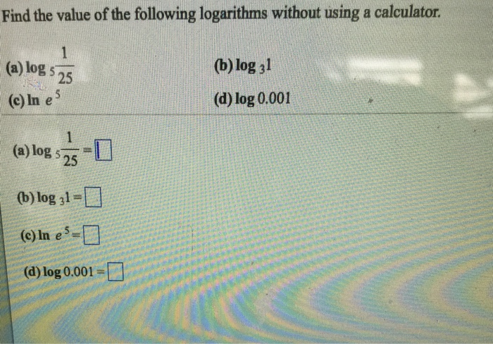 Solved Find the value of the following logarithms without | Chegg.com
