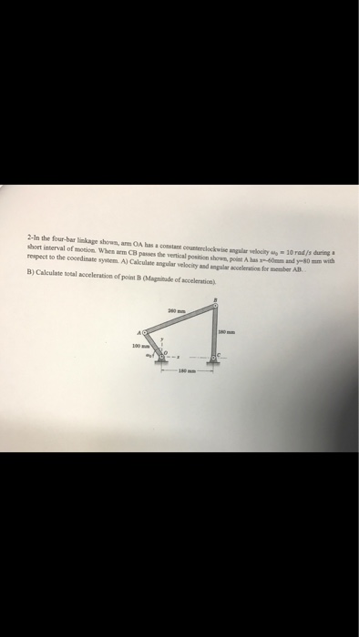 The the four-bar linkage shown, arm OA has a constant | Chegg.com