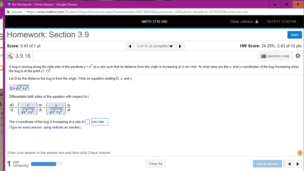Solved Part 2: The y-coordinate of the bug is increasing at | Chegg.com
