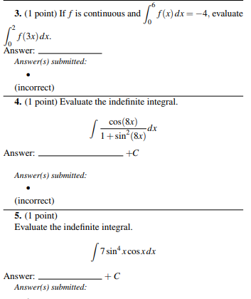 Solved 3. (1 point) If f is continuous and f(x)dx--4, | Chegg.com