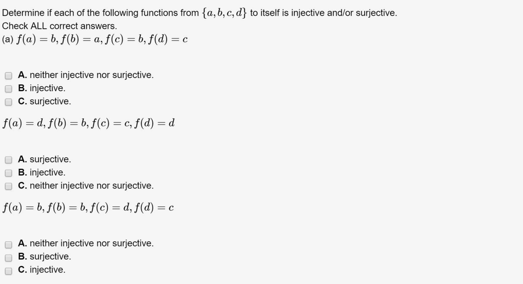 Solved Determine if each of the following functions from {a, | Chegg.com