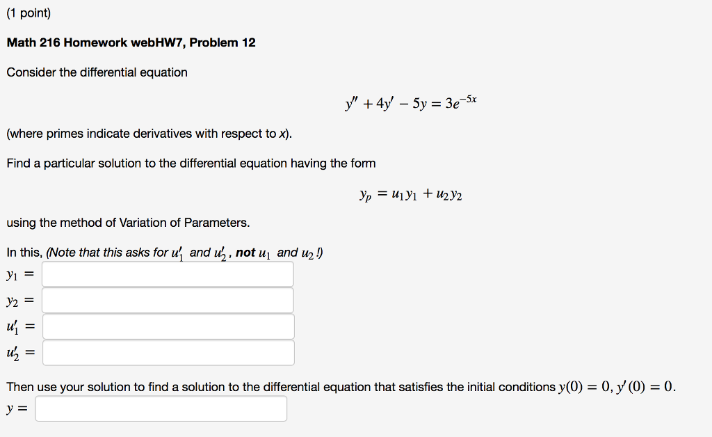 Solved 1 point Math 216 Homework webHW7, Problem 12 Consider | Chegg.com