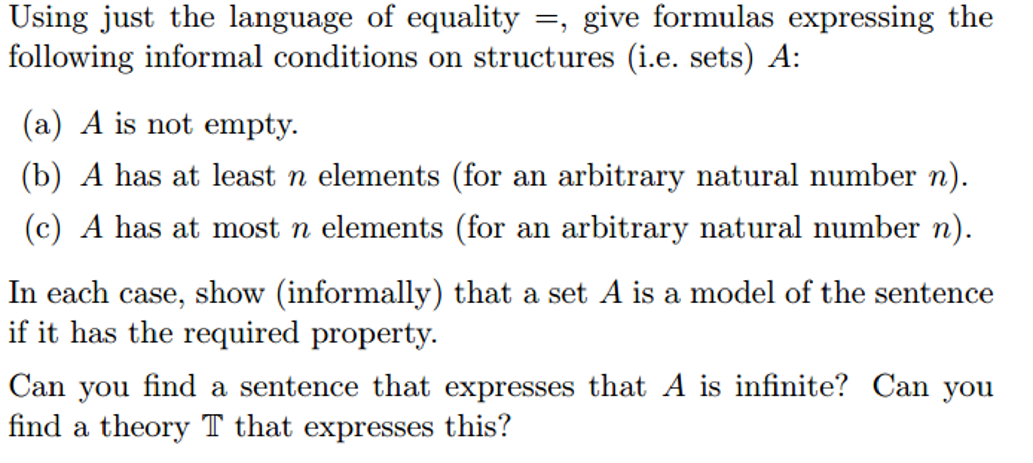 Solved Using just the language of equality =, give formulas | Chegg.com