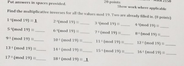 Solved uatH 2150 20 points Put answers in spaces provided. | Chegg.com