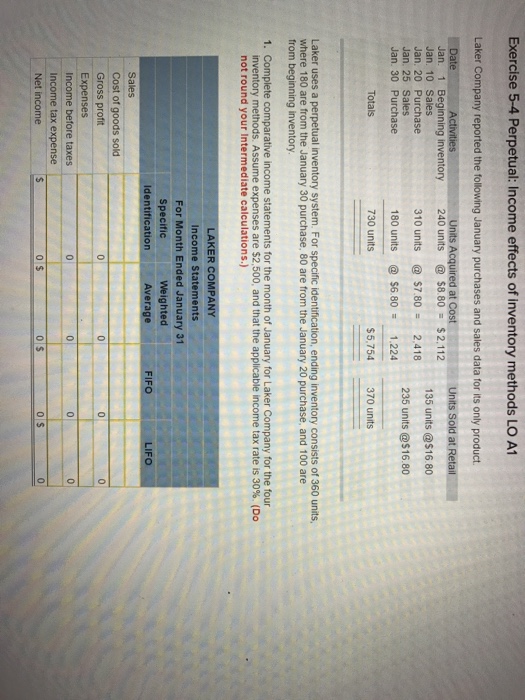Solved Exercise 5-4 Perpetual ncome effects of inventory | Chegg.com