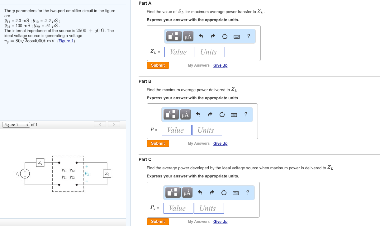 Solved The y parameters for the two-port amplifier circuit | Chegg.com