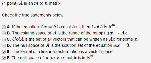 Solved A is an m Times n matrix. Check the true statements | Chegg.com