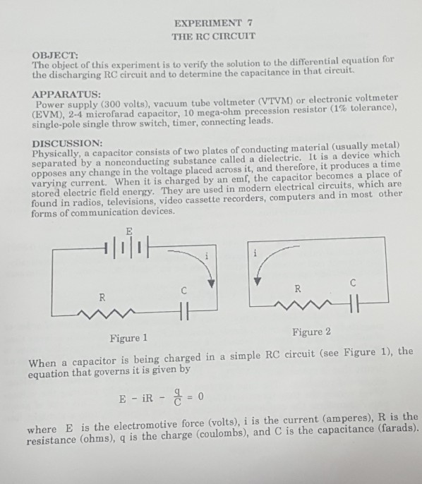 Solved EXPERIMENT THE RC CIRCUIT OBJECT The object of this | Chegg.com