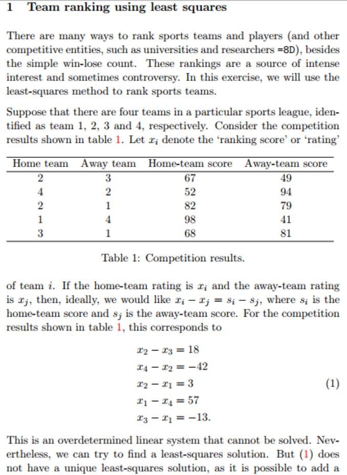 Solved 1 Team ranking using least squares There are many | Chegg.com