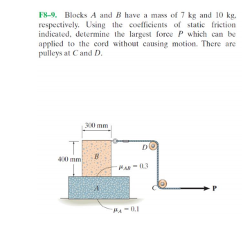 Solved F8-9. Blocks A and B have a mass of 7 kg and 10 kg | Chegg.com
