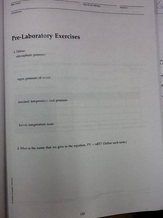 Solved Pre-Laboratory Exercises 1. Define: concentration (no | Chegg.com