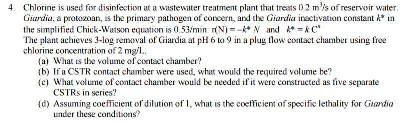 Solved Chlorine is used for disinfection at a wastewater | Chegg.com