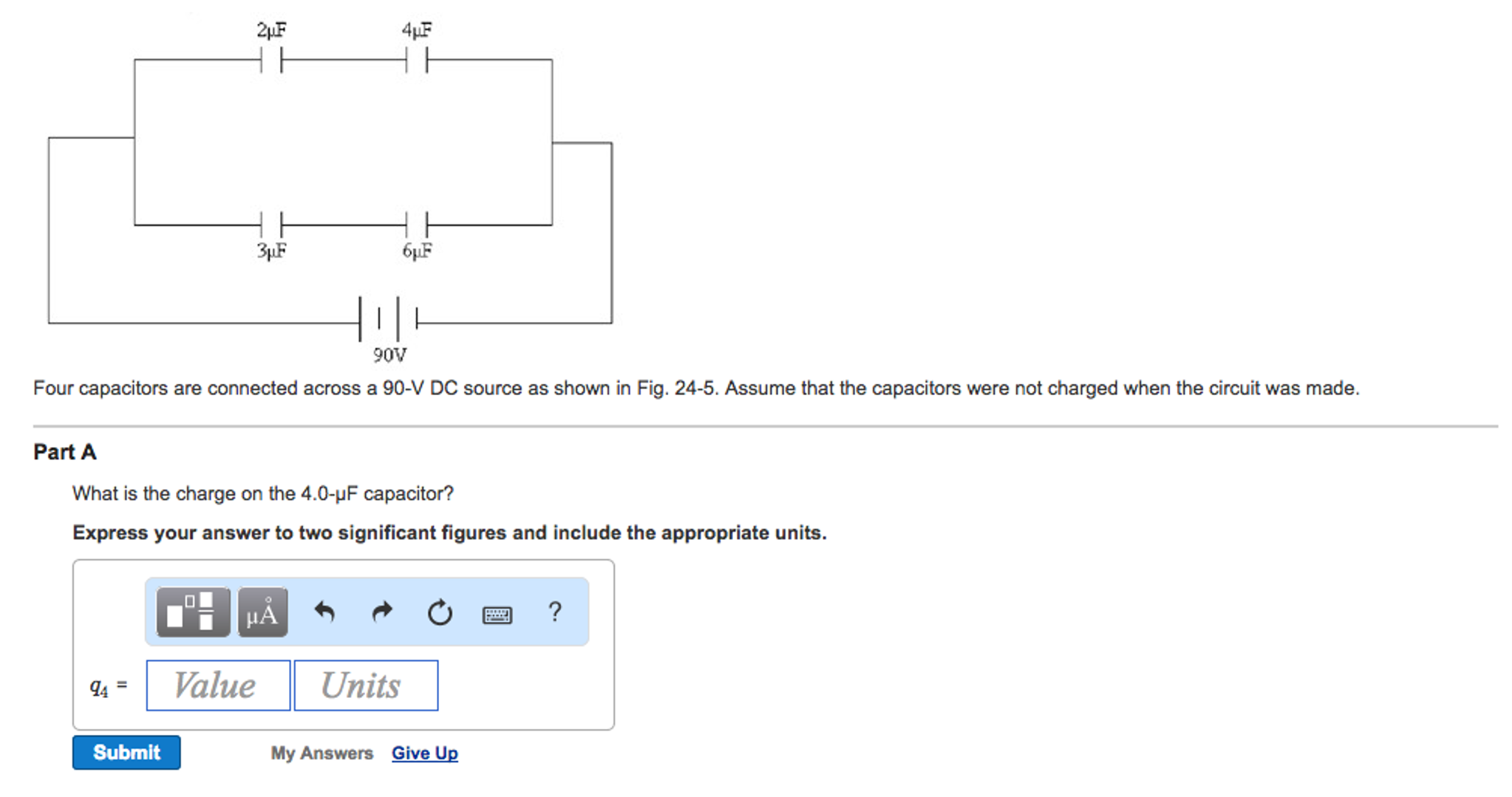 Solved Four capacitors are connected across a 90-V DC | Chegg.com