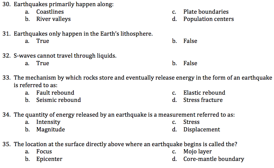 Solved 30. Earthquakes primarily happen along: a. Coastlines | Chegg.com