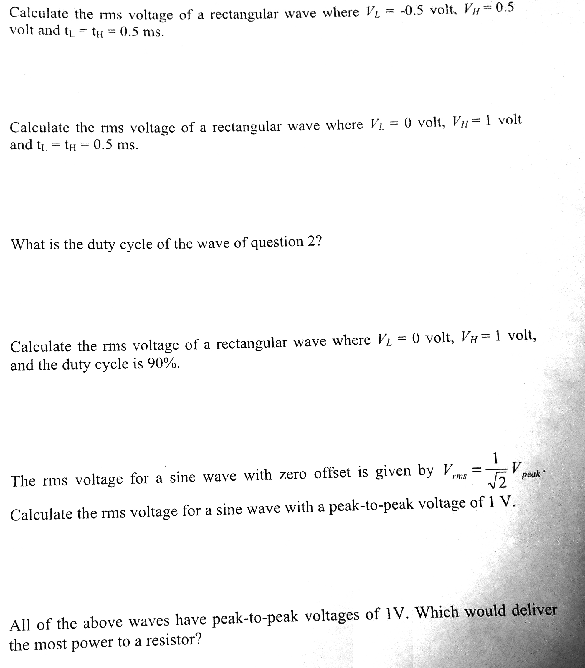 Solved Calculate The Rms Voltage Of A Rectangular Wave Where