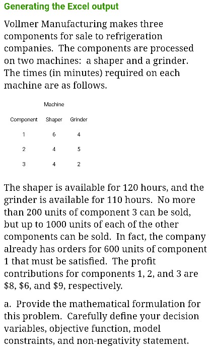 Solved Vollmer Manufacturing makes three components for sale | Chegg.com