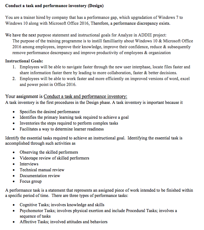 Solved Conduct a task and performance inventory (Design) You | Chegg.com